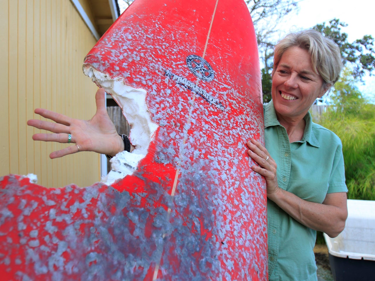 Shark takes bite out of surfer's board, but not her - CBS News
