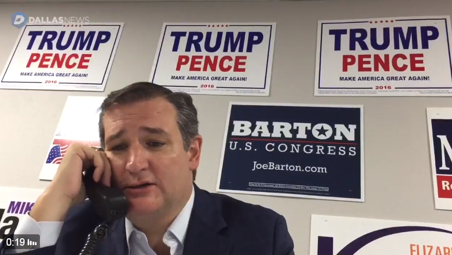 Ted Cruz is seen phone-banking at GOP office with Trump-Pence signs ...
