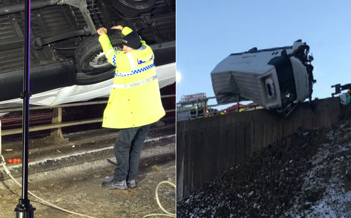 Cop praised for clinging onto overturned van to stop it from falling ...