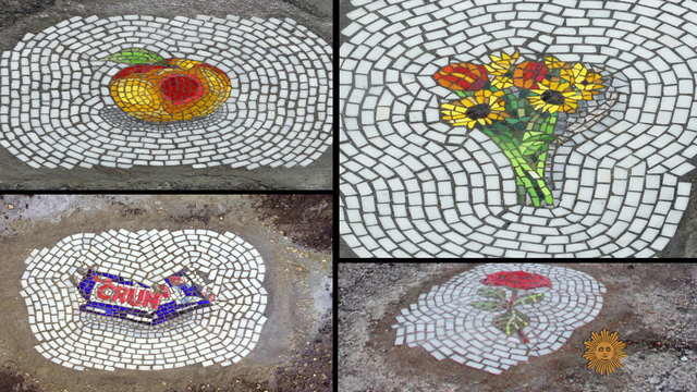 Filling potholes with mosaic art - CBS News