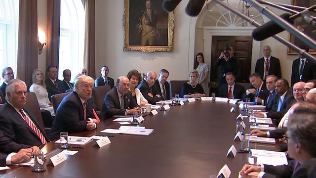 Trump praised by his Cabinet members in first meeting - CBS News
