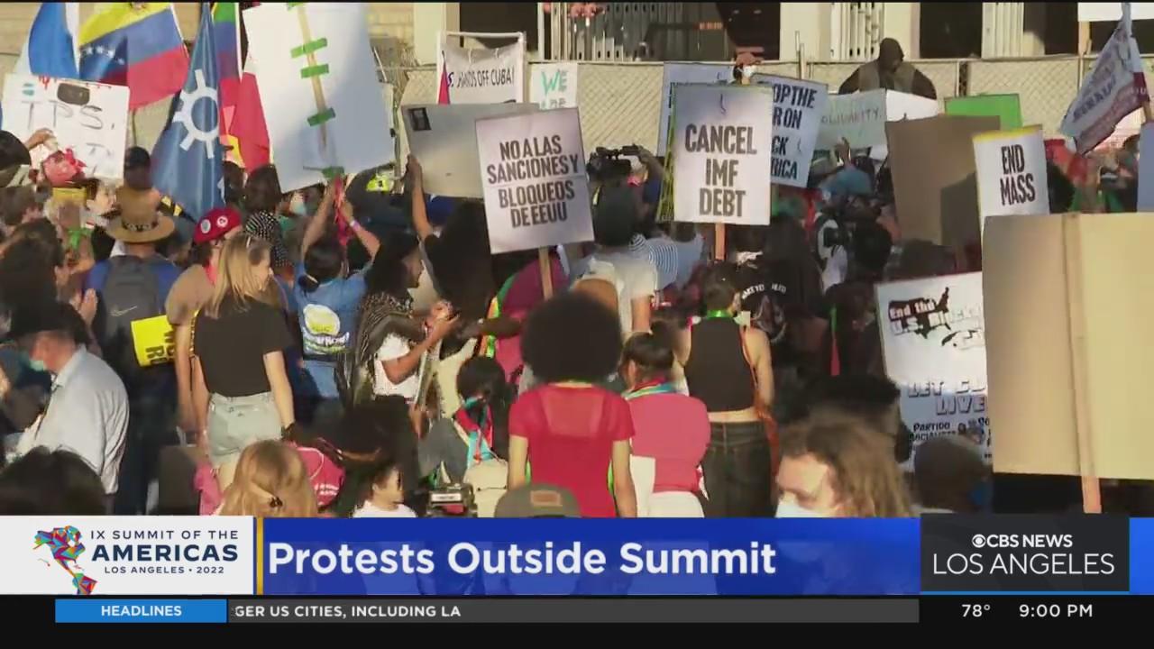 Protest against the Summit of the Americas closes streets in DTLA - CBS ...