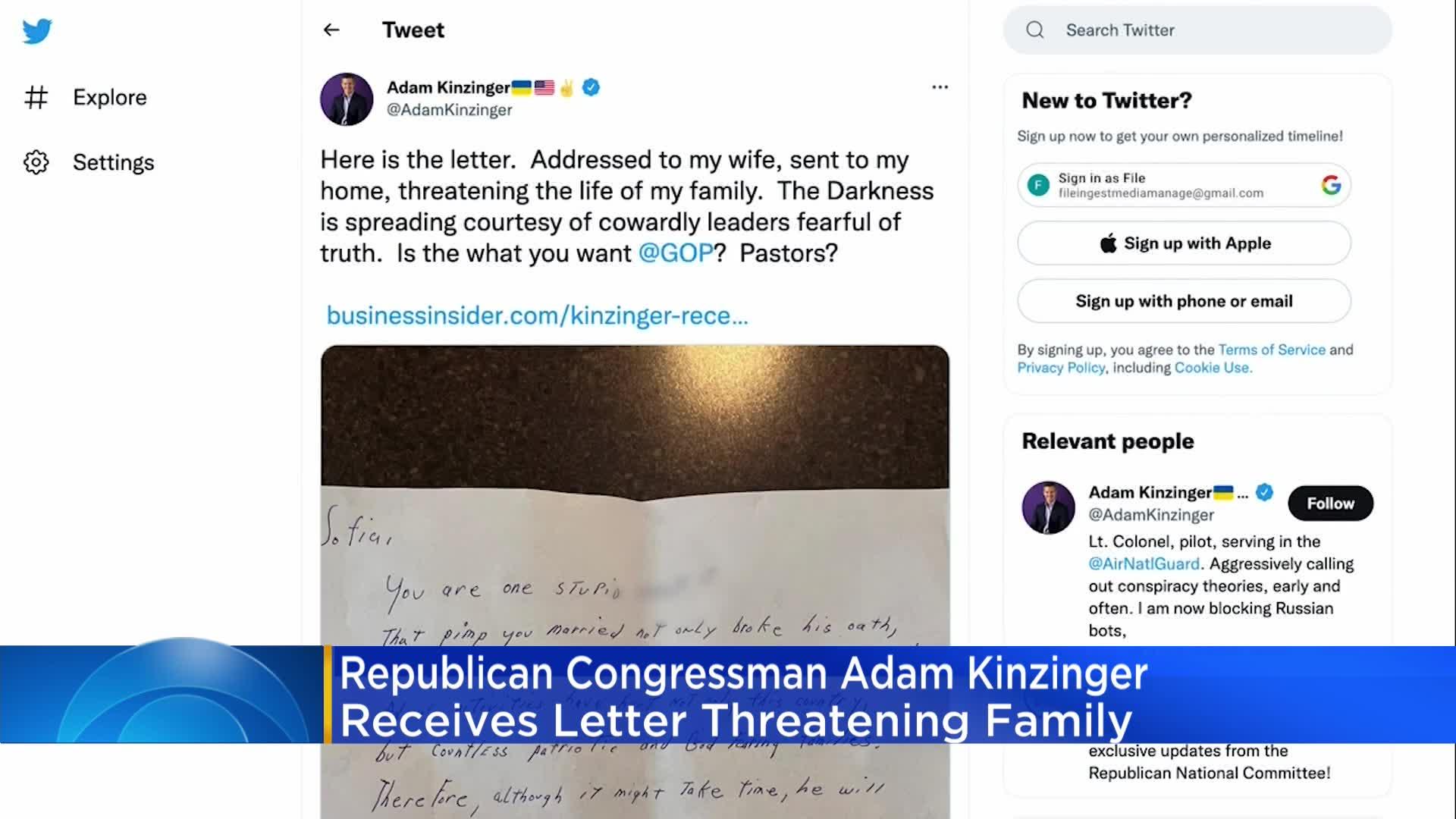 Congressman Adam Kinzinger, family receive death threat over ...