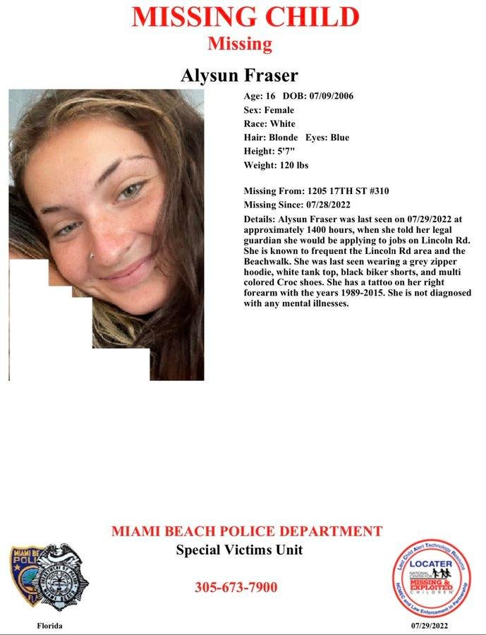 Miami Beach Police Department needs help finding 16-year-old Alysun ...