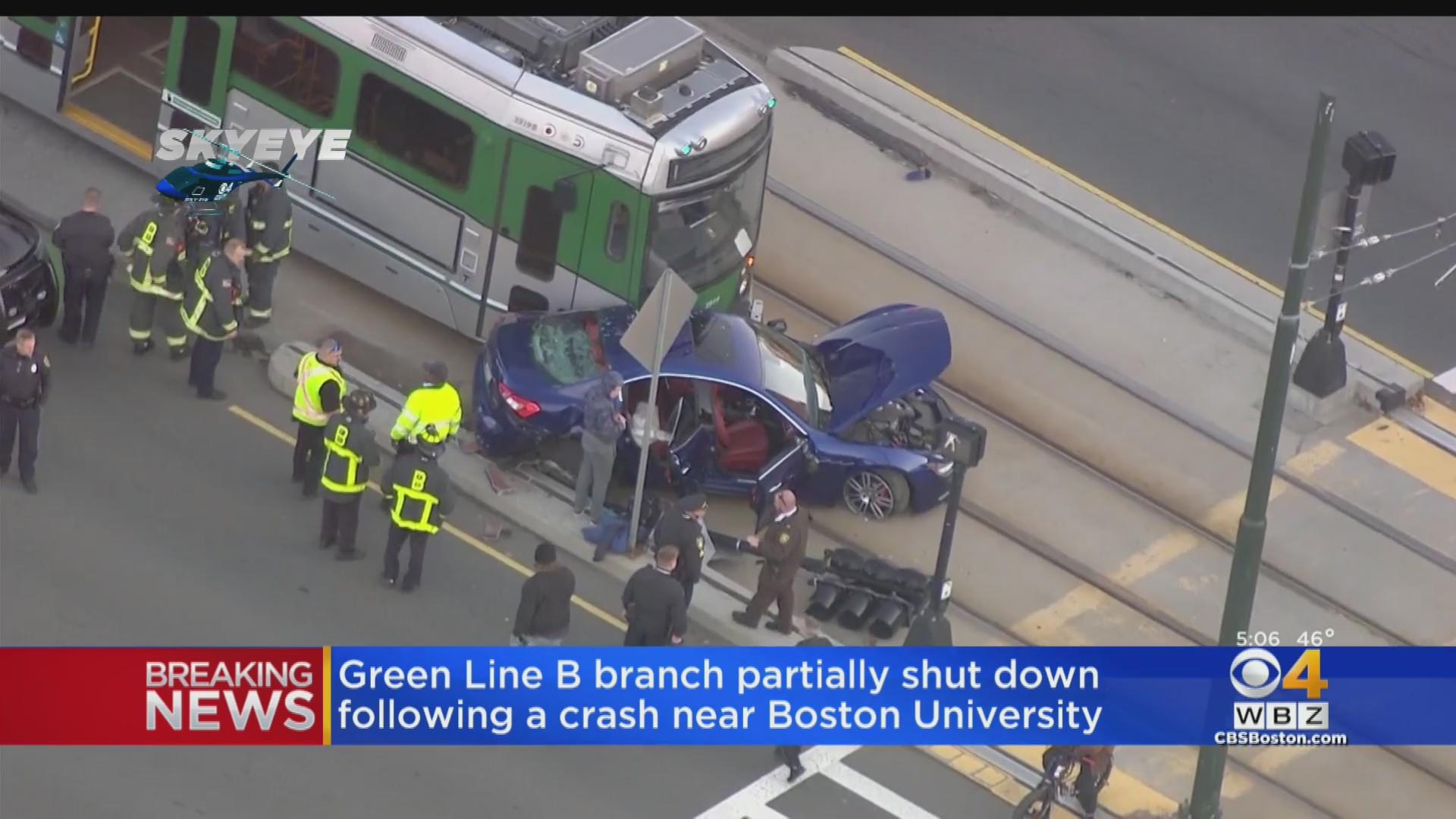 Green Line train crashes into car near BU Bridge - CBS Boston