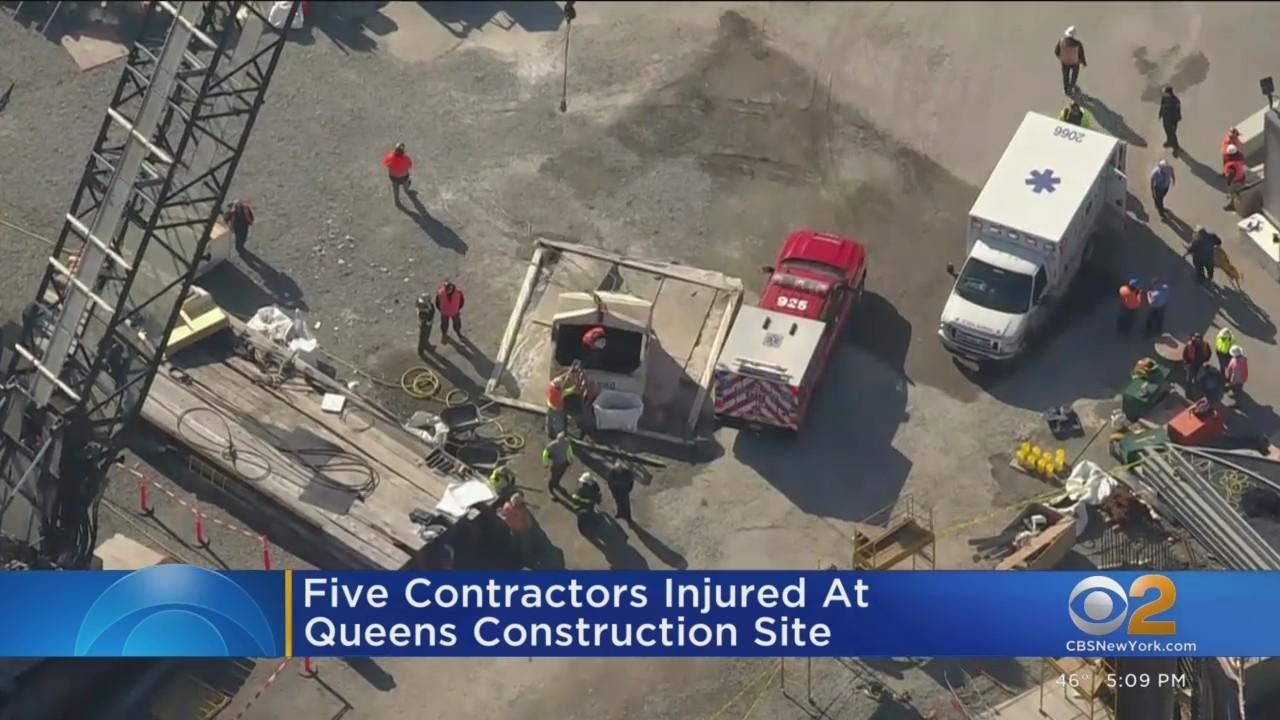 5 hurt when rebar cage tips over at Queens construction site - CBS New York
