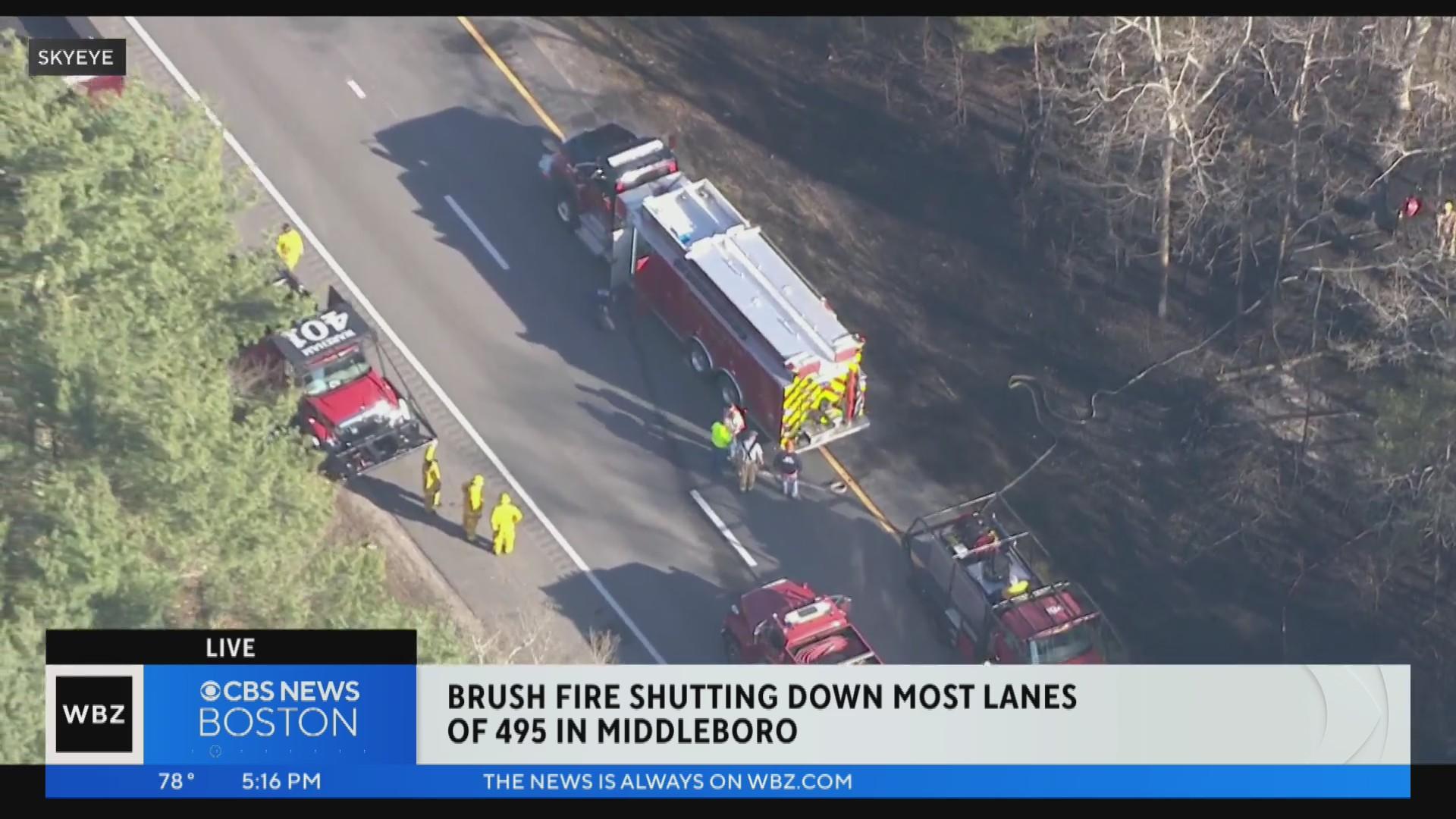 All lanes of 495 north shut down in Middleboro due to brush fire in the ...