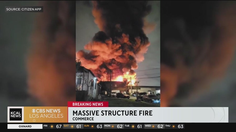 Crews work to put out massive warehouse fire in Commerce - CBS Los Angeles