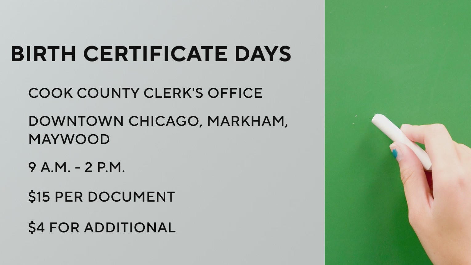 Families can get birth certificates at 3 Cook County Clerk Office ...