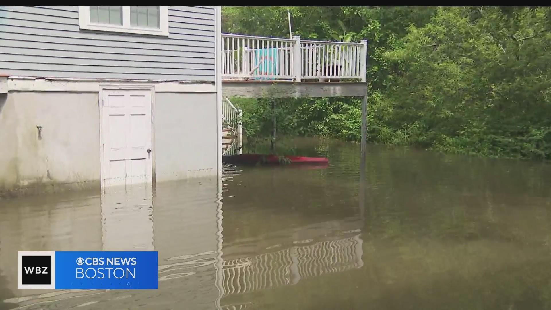 Heavy rain floods homes, businesses in Newton - CBS Boston
