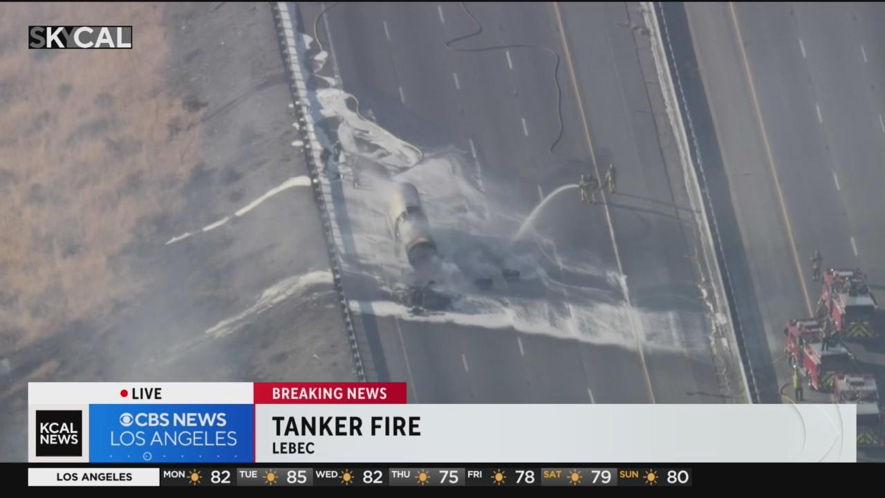 Tanker fire closes down parts of I-5 near Pyramid Lake - CBS Los Angeles