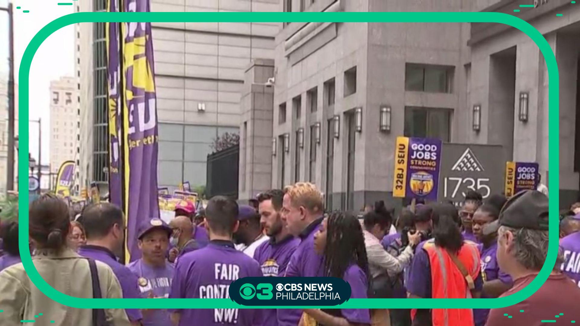 SEIU workers rally in Center City for better pay, health benefits - CBS ...