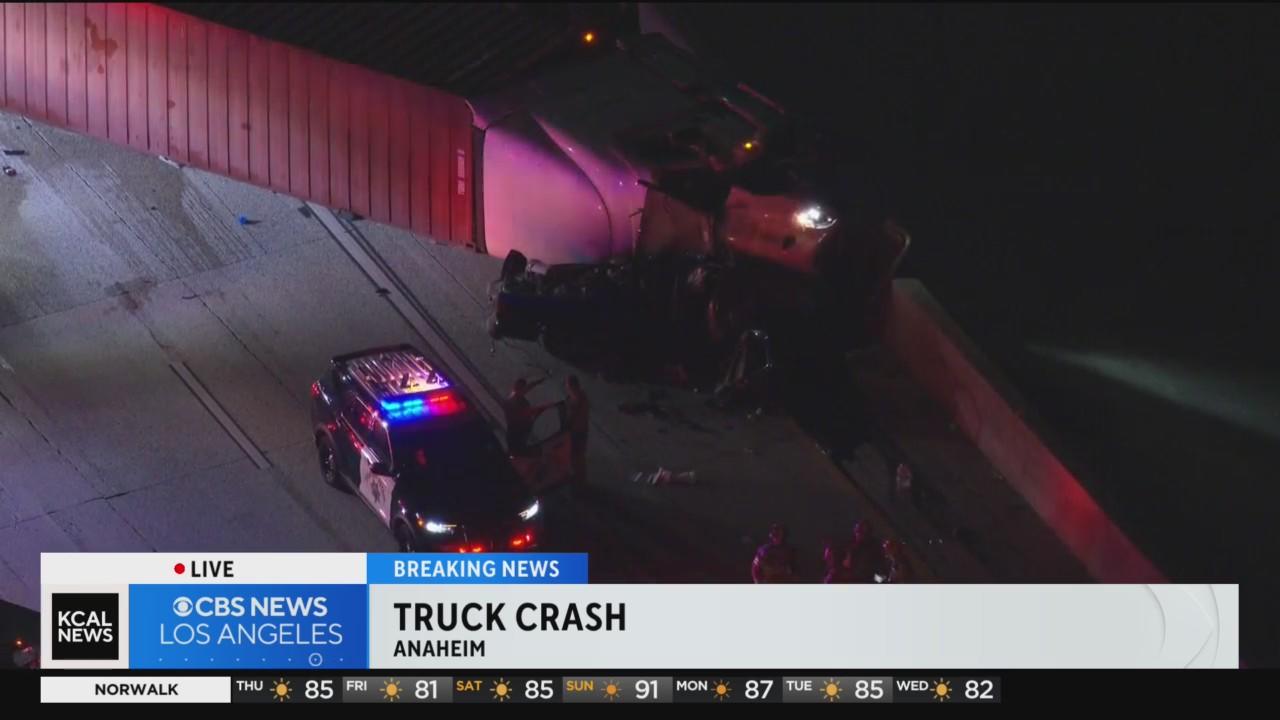 1 dead after big rig overturns onto truck on 57 Freeway in Anaheim ...