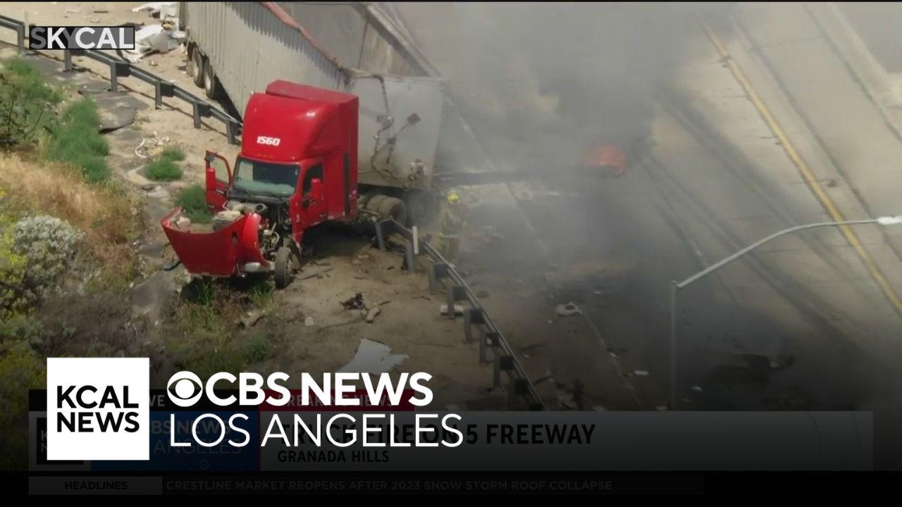 1 critically burned after 2 big rigs crash in Granada Hills - CBS Los ...