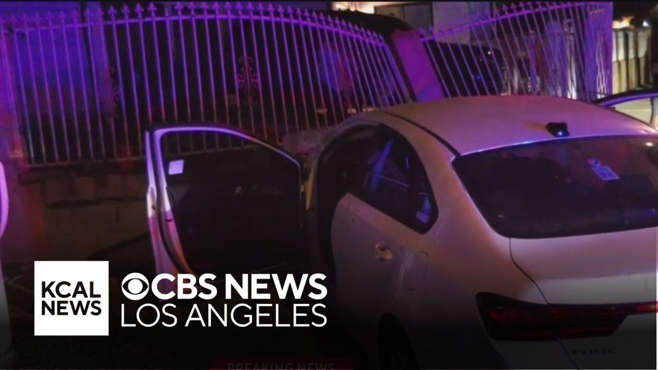 Sylmar stolen vehicle pursuit ends as car slams into home's cinder ...