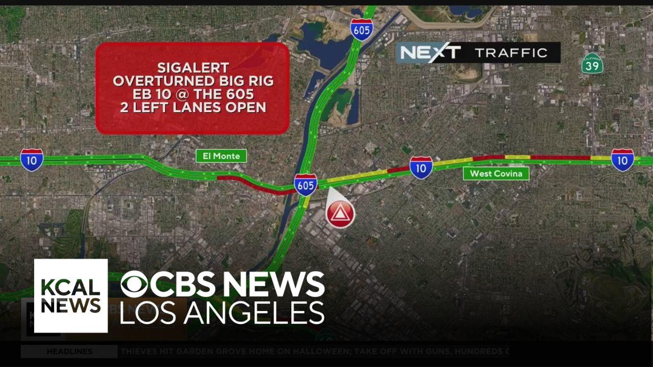 An overturned big rig impacts traffic on the eastbound 10 Freeway in ...