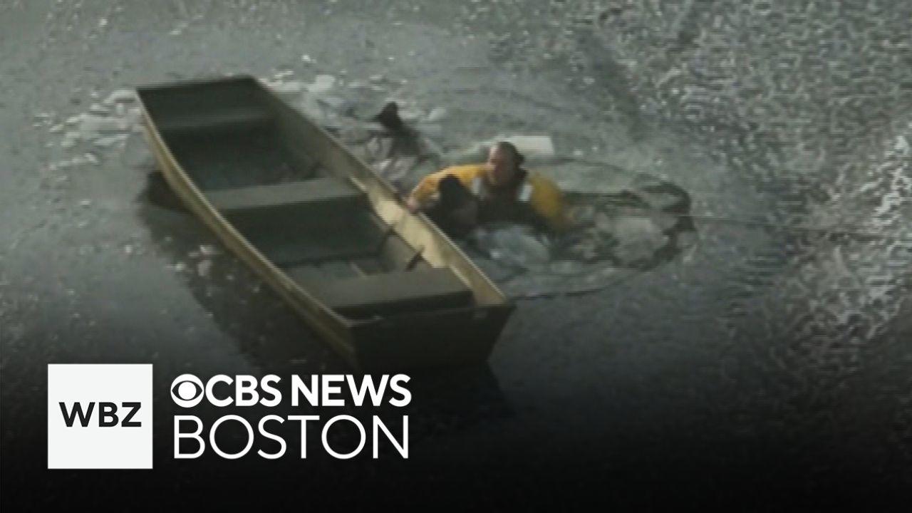 Video shows firefighters rescue man and dog from icy Massachusetts lake ...