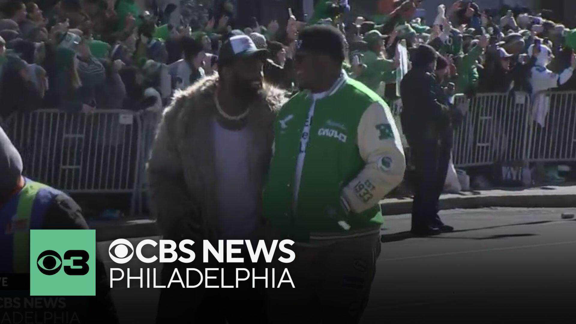 Eagles edge Josh Sweat wears Chris Long's fur coat during Super Bowl ...