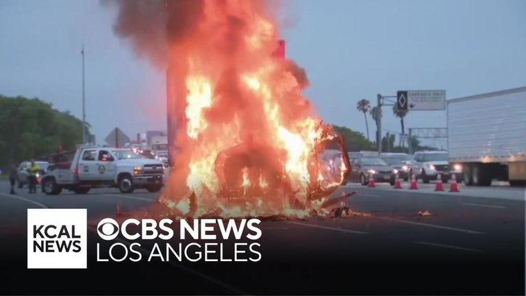 Semi-truck bursts into flames on eastbound 91 Freeway in Anaheim - CBS ...