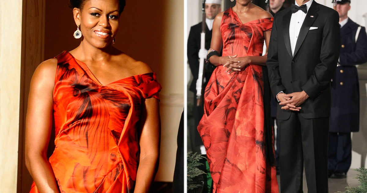 First Lady Wears Red Alexander McQueen Gown for State Dinner - CBS News