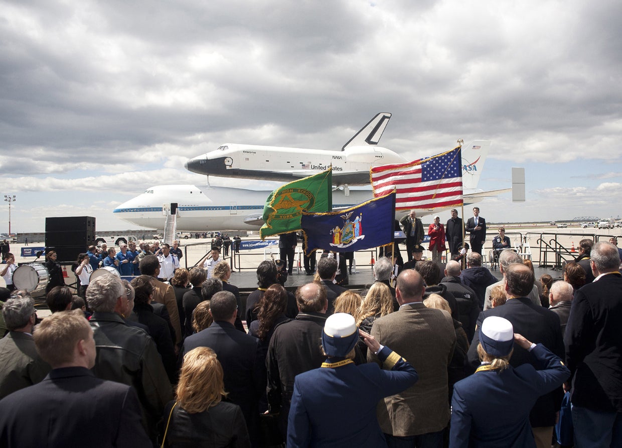 Space shuttle Enterprise flies over NYC