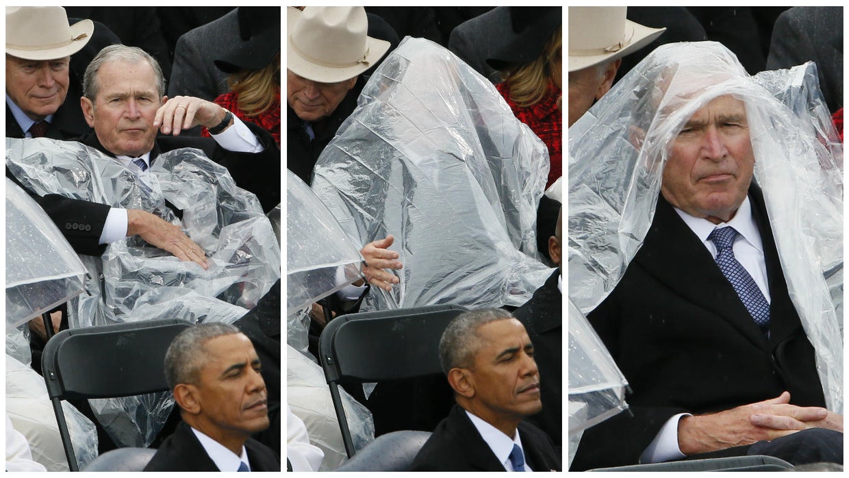 Oops! George W. Bush struggles with his poncho at Trump's inauguration ...