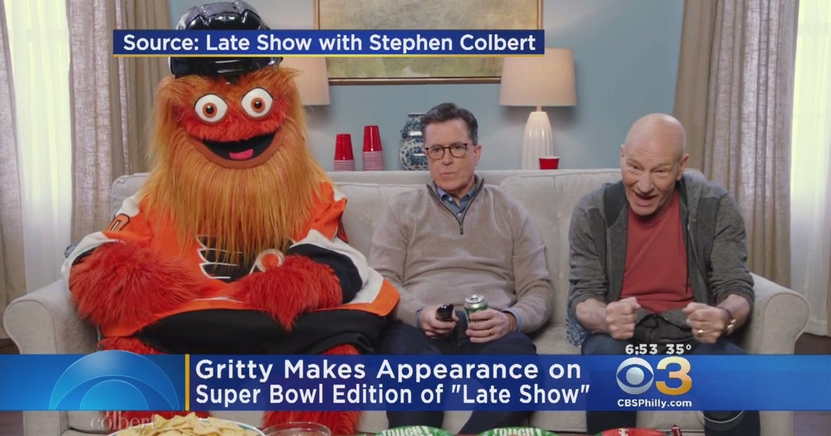 Gritty Crashes Stephen Colbert's Super Bowl Party - CBS Philadelphia