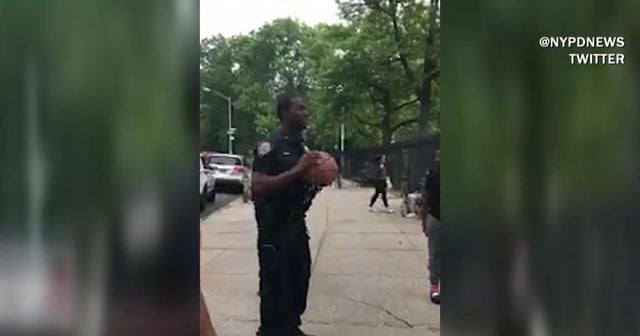 NYPD officer shows off basketball skills - CBS News