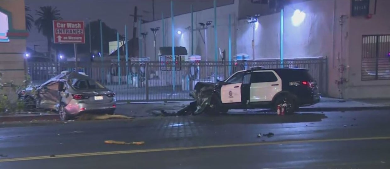 LAPD Cruiser Involved In Crash During Pursuit In South LA, Innocent Driver Hurt - CBS Los Angeles