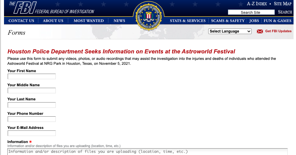 New FBI Website Seeks Photos, Video From Deadly Crowd Surge At Astroworld Concert In Houston ...