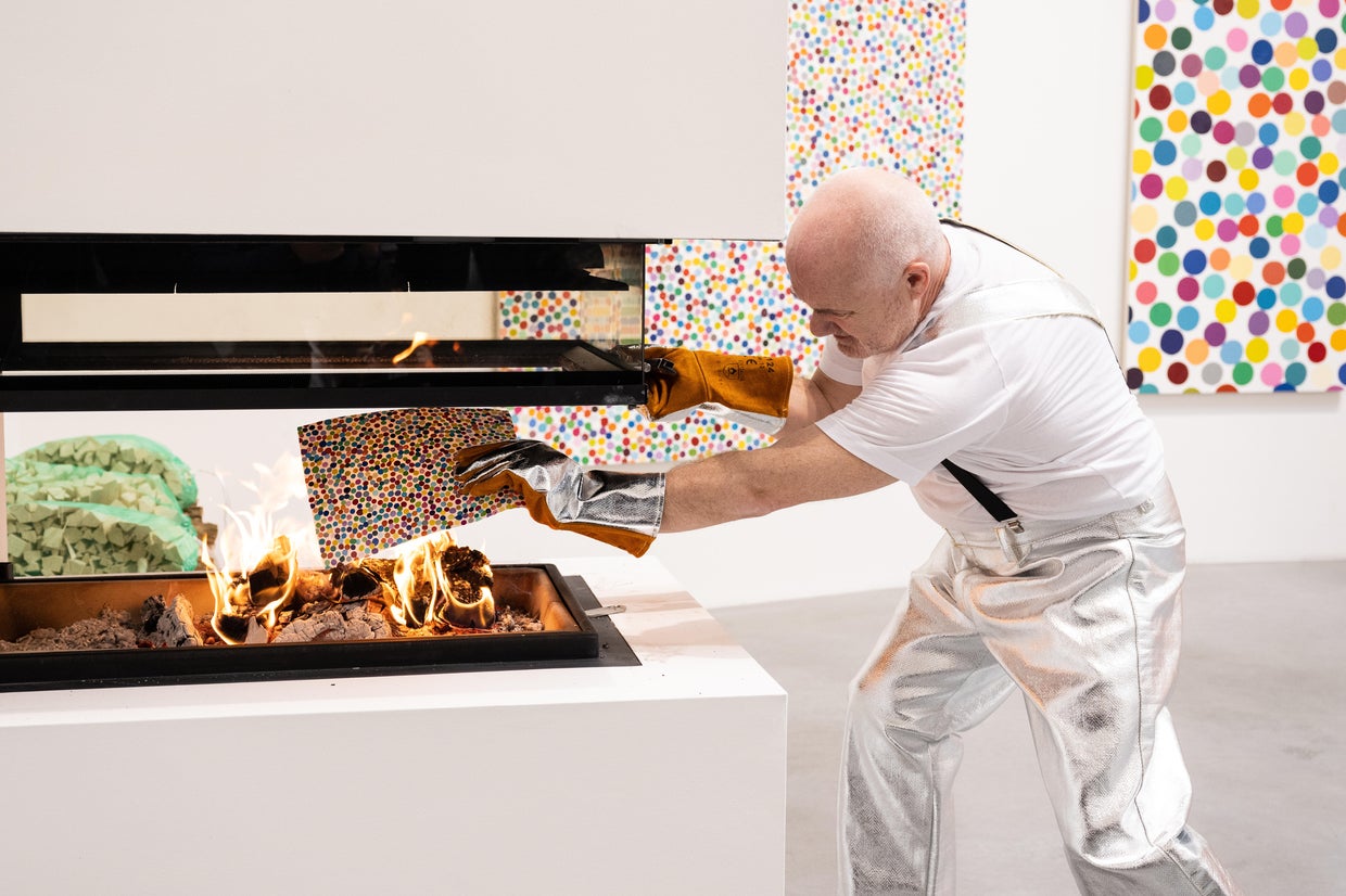 Artist Damien Hirst burned 1,000 of his paintings on Instagram Live. He ...