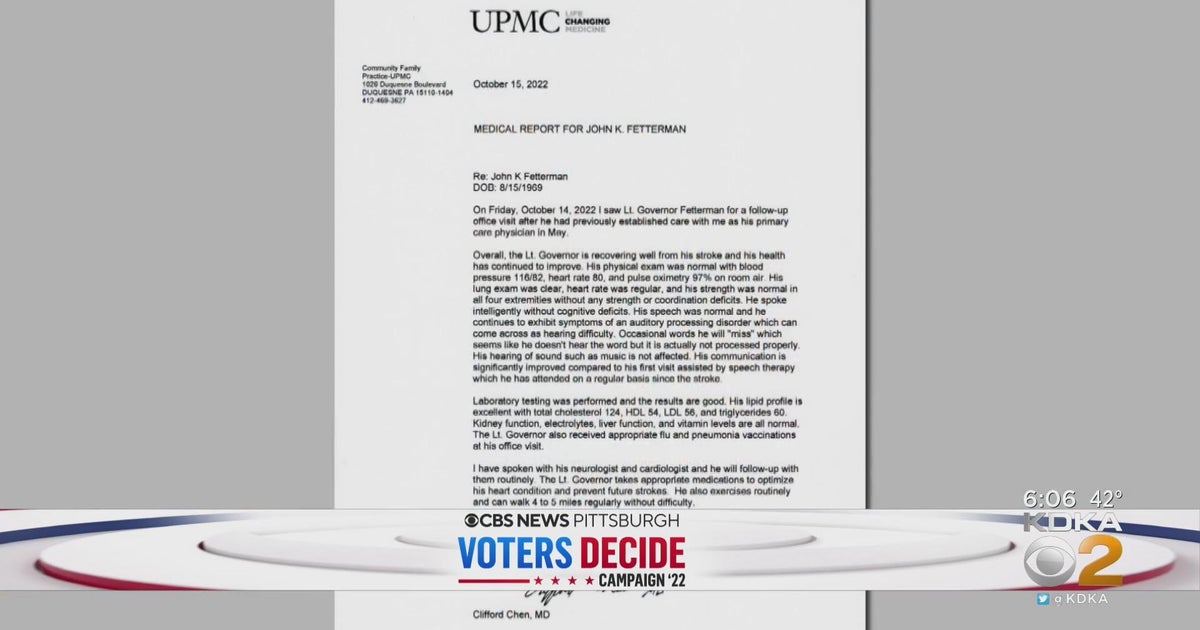 Fetterman's doctor releases update on stroke recovery - CBS Pittsburgh