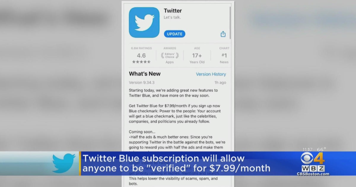 Twitter launches $8 blue checkmark subscription - CBS Boston