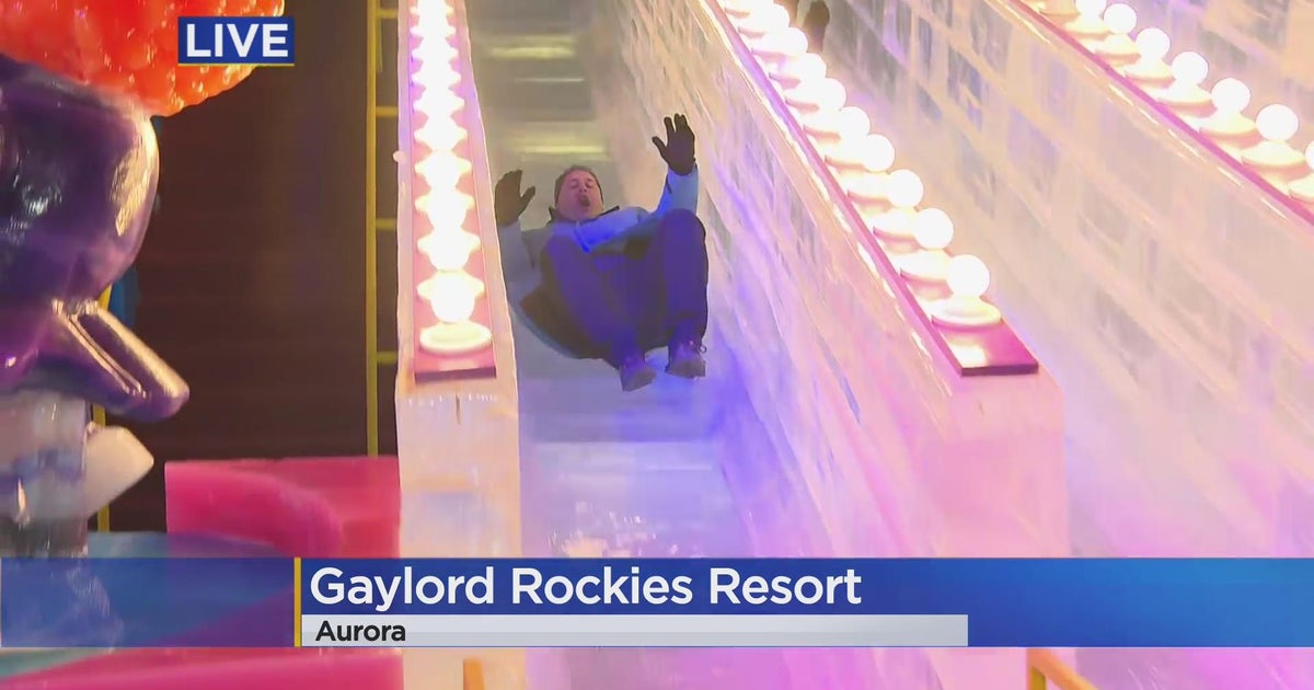 Ashton goes down the ice slide at Gaylord Rockies Resort - CBS Colorado