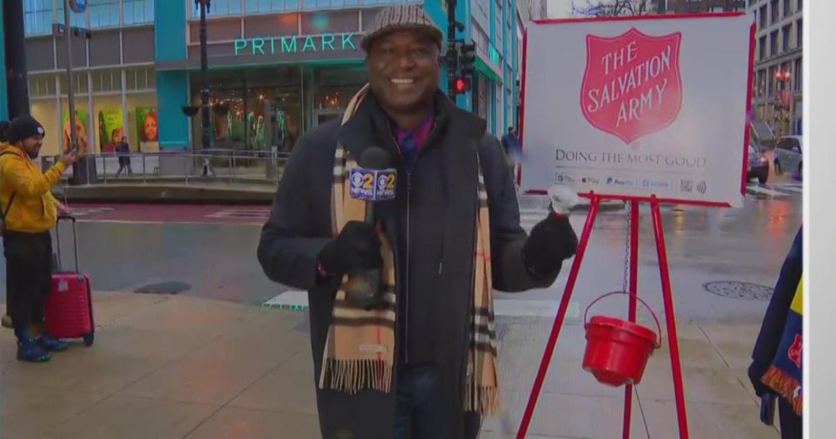 Ryan Baker and Albert Ramon ring bell for Salvation Army - CBS Chicago