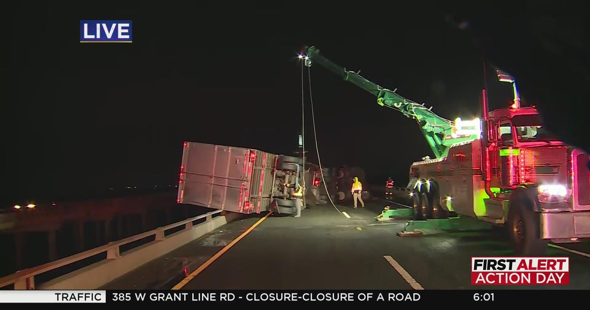 Big rig ends up on its side hanging over Yolo Bypass - CBS Sacramento
