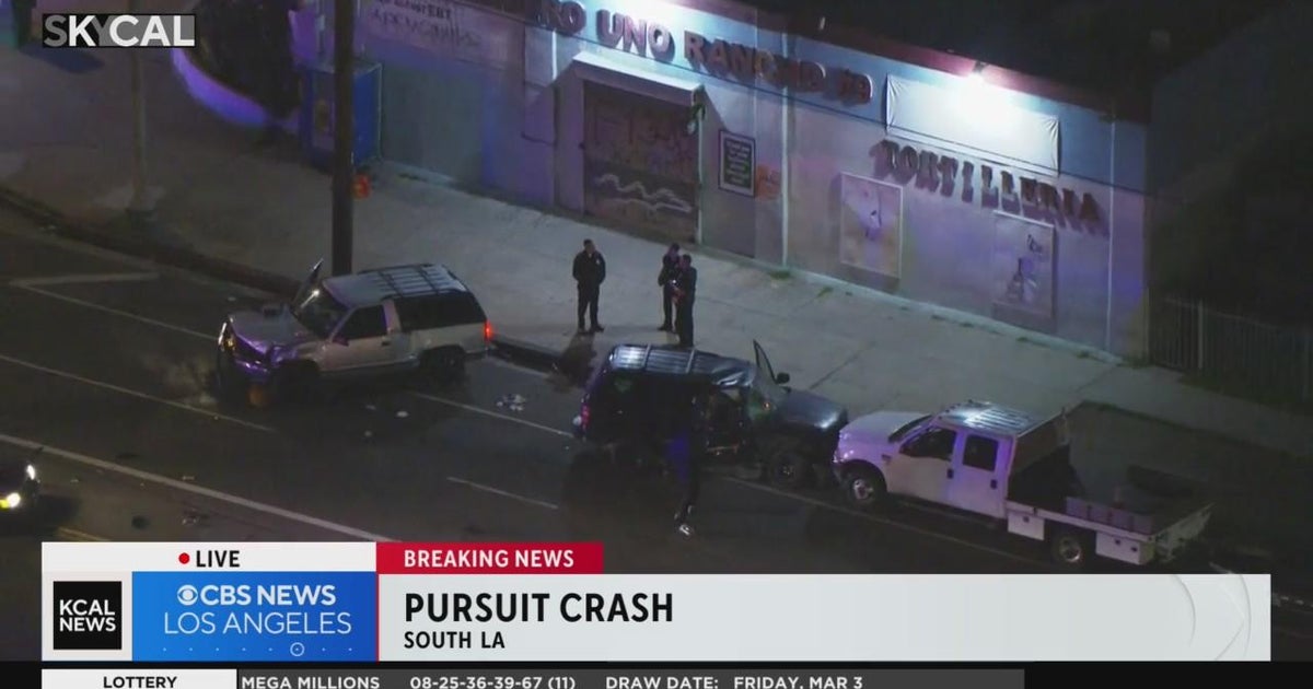 Three arrested after stolen vehicle pursuit comes to crashing in end in South LA - CBS Los Angeles