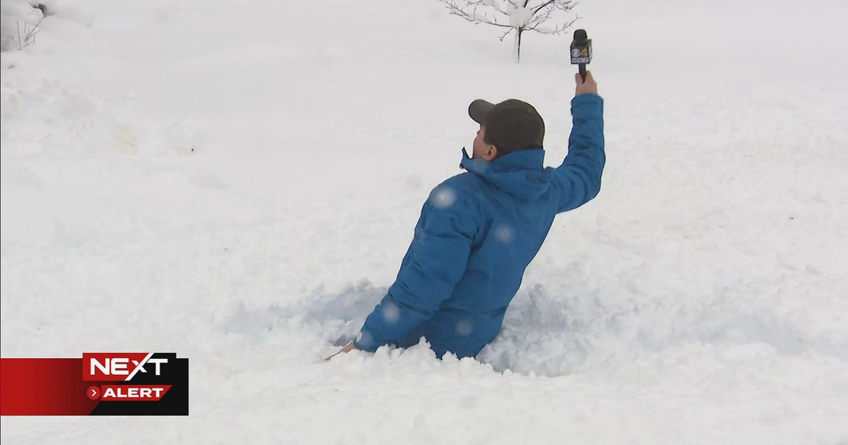 WBZ TV's Ken MacLeod sinks into snow during interview in Townsend - CBS ...