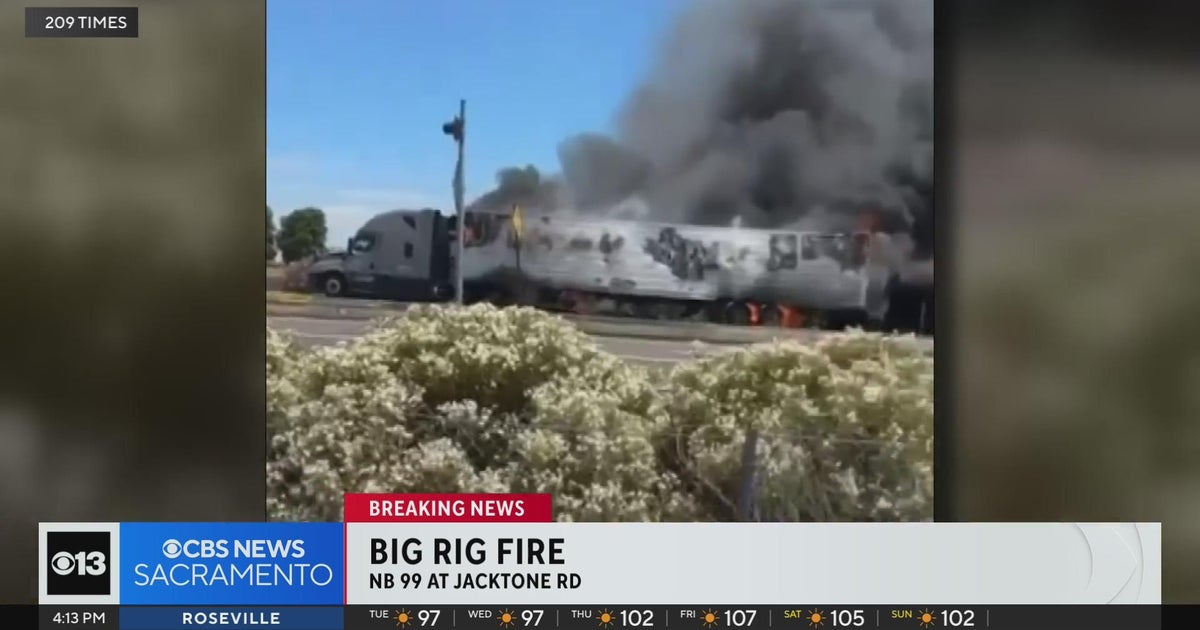 Big Rig catches fire on Highway 99 in Ripon - CBS Sacramento