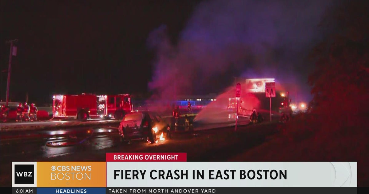 Car burns after crash with tanker on Route 1A in East Boston - CBS Boston