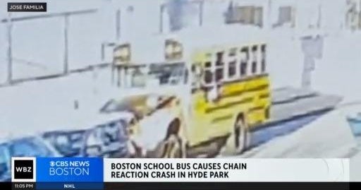 Bus causes chain reaction crash outside Boston school - CBS Boston