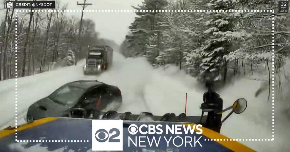 Car crashes into plow truck on snow-covered road in North Country - CBS ...
