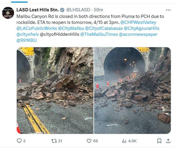 Malibu Canyon Road reopens after being temporarily closed by rockslide ...
