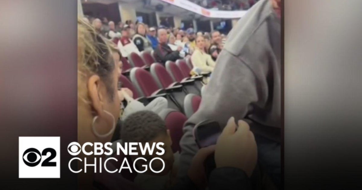 Stranger at hockey game shields little boy from flying puck - CBS Chicago