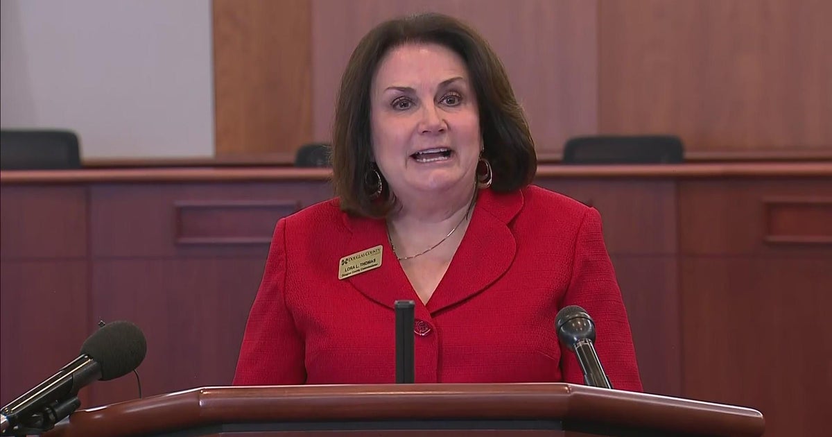 Douglas County Commissioner Lora Thomas announces her resignation in a news conference - CBS ...
