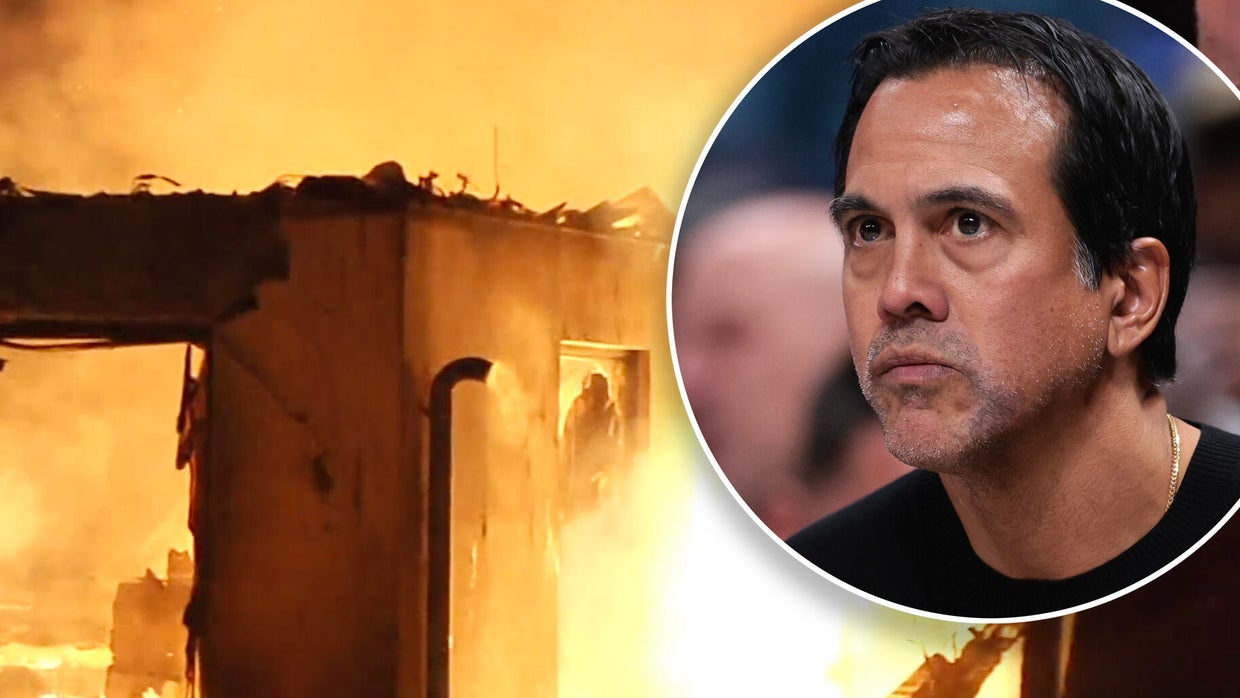 Miami Heat coach Erik Spoelstra seen outside as massive fire engulfed ...