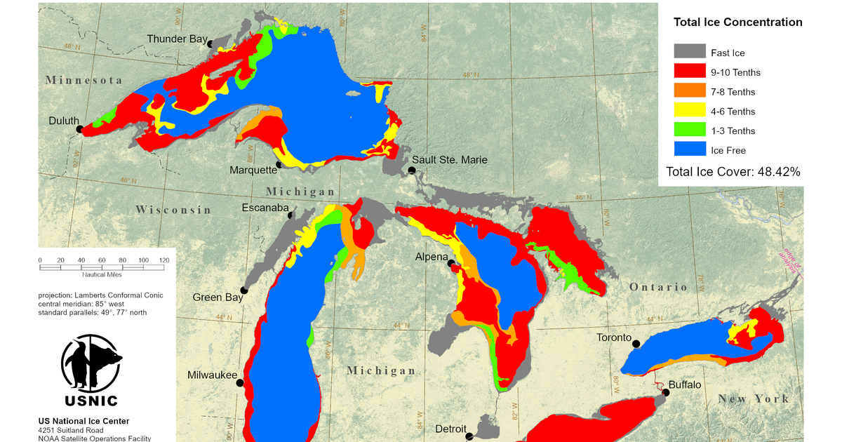 Ice coverage surges across Great Lakes; Lake Erie over 95% covered in ...