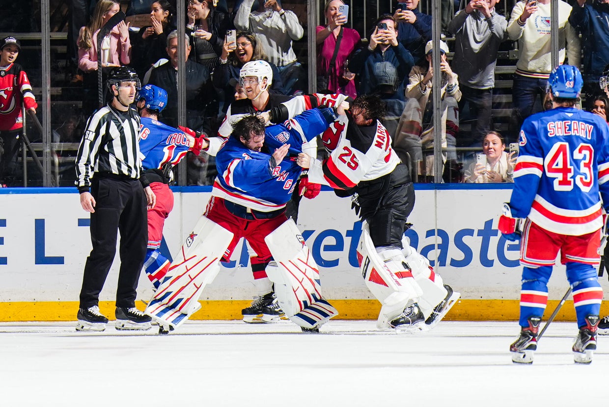 Shesterkin stops 22, fights Markstrom as Rangers down Devils 4-1 - CBS ...